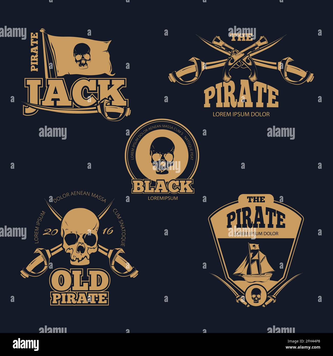 Logo, étiquettes et badges de couleur pirate rétro. Vieux emblème de ...