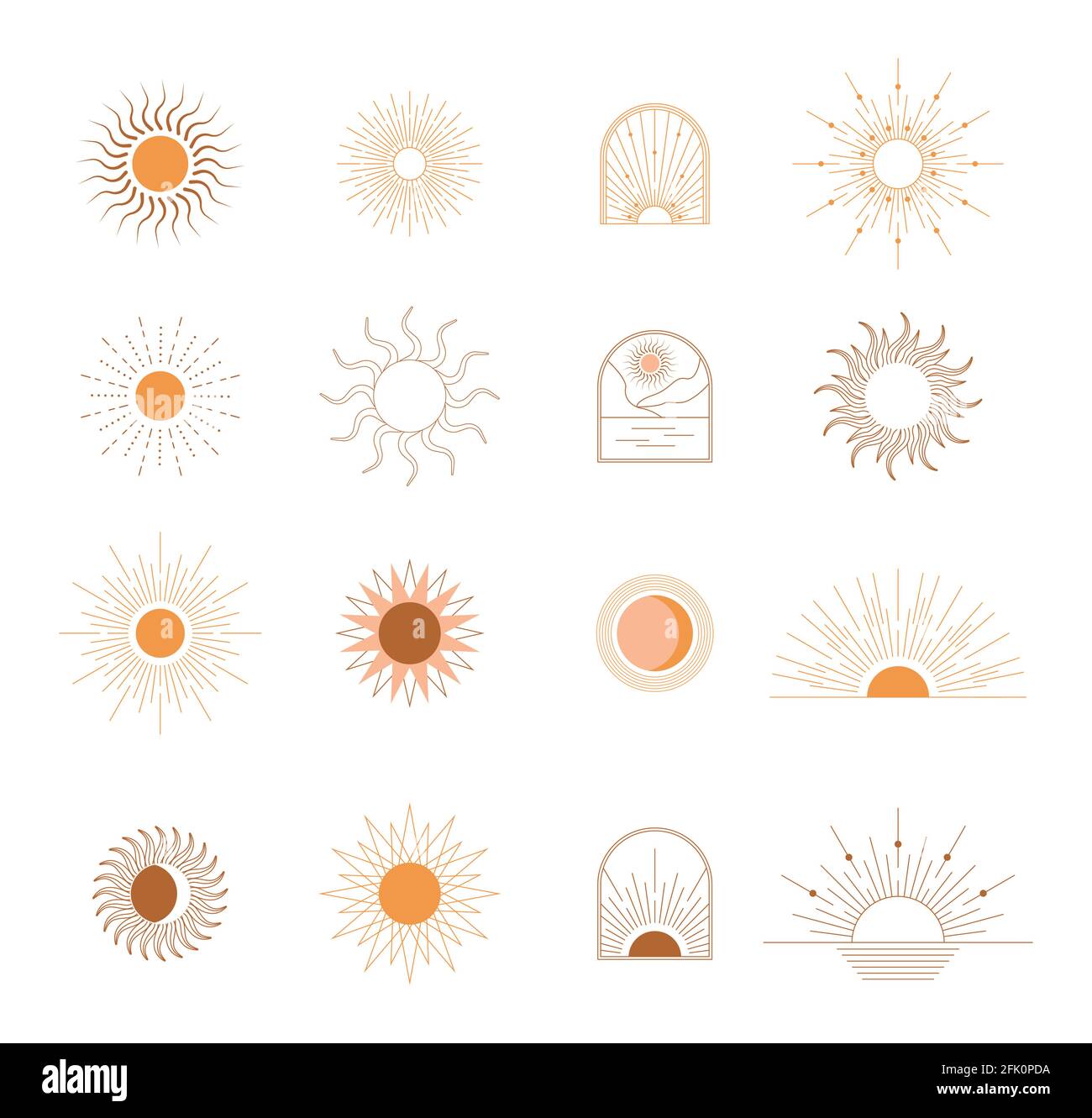 Soleil linéaire boho, arc, vecteur d'ensemble d'arcs. Éléments d ...