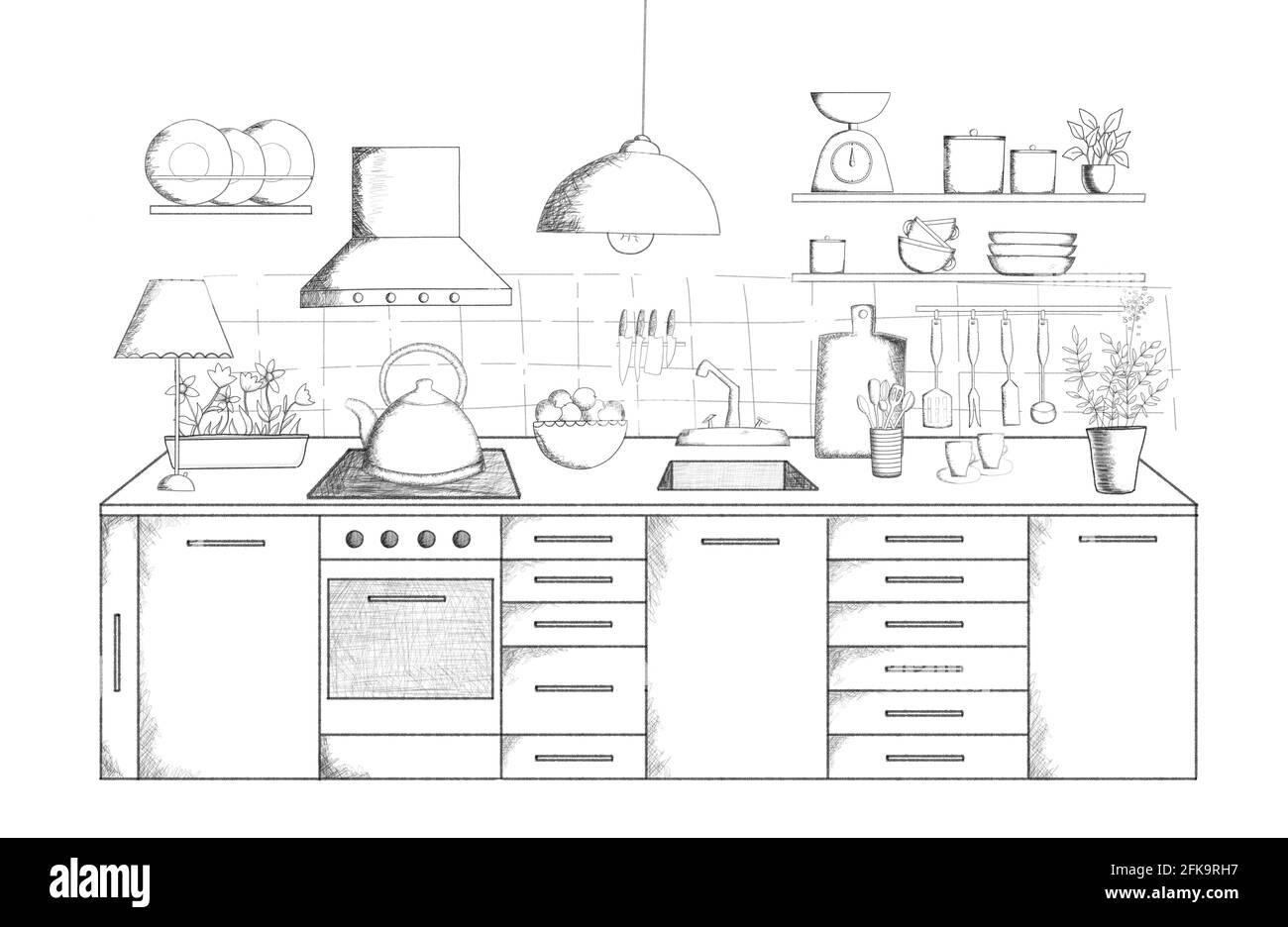Dessin intérieur de cuisine sur fond blanc Photo Stock - Alamy