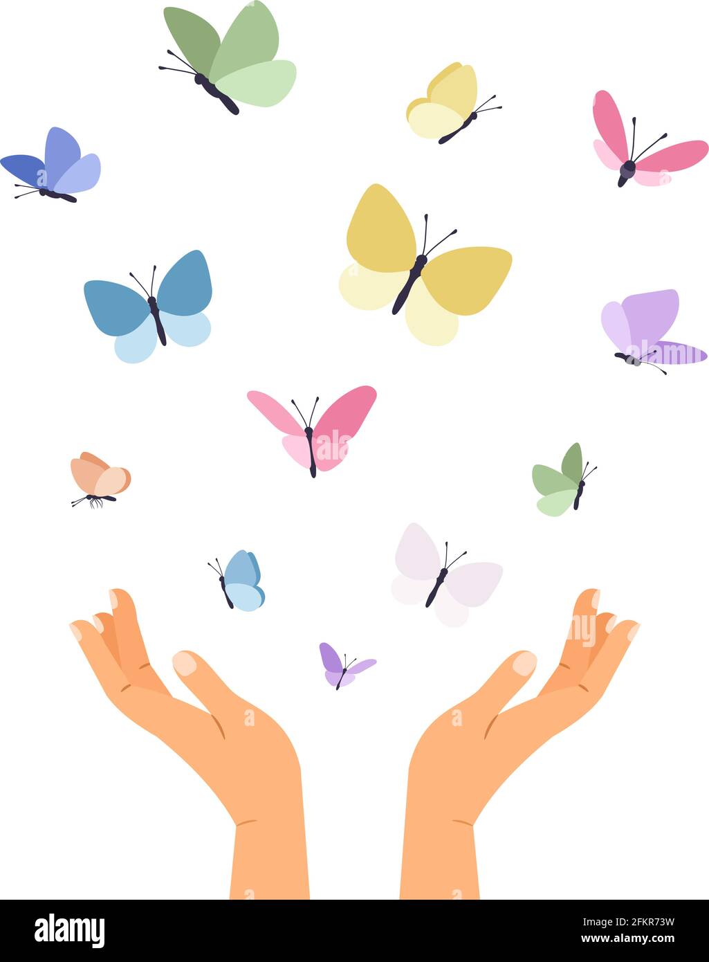 Papillons volant des mains ouvertes. Métaphore isolée colorée de ...