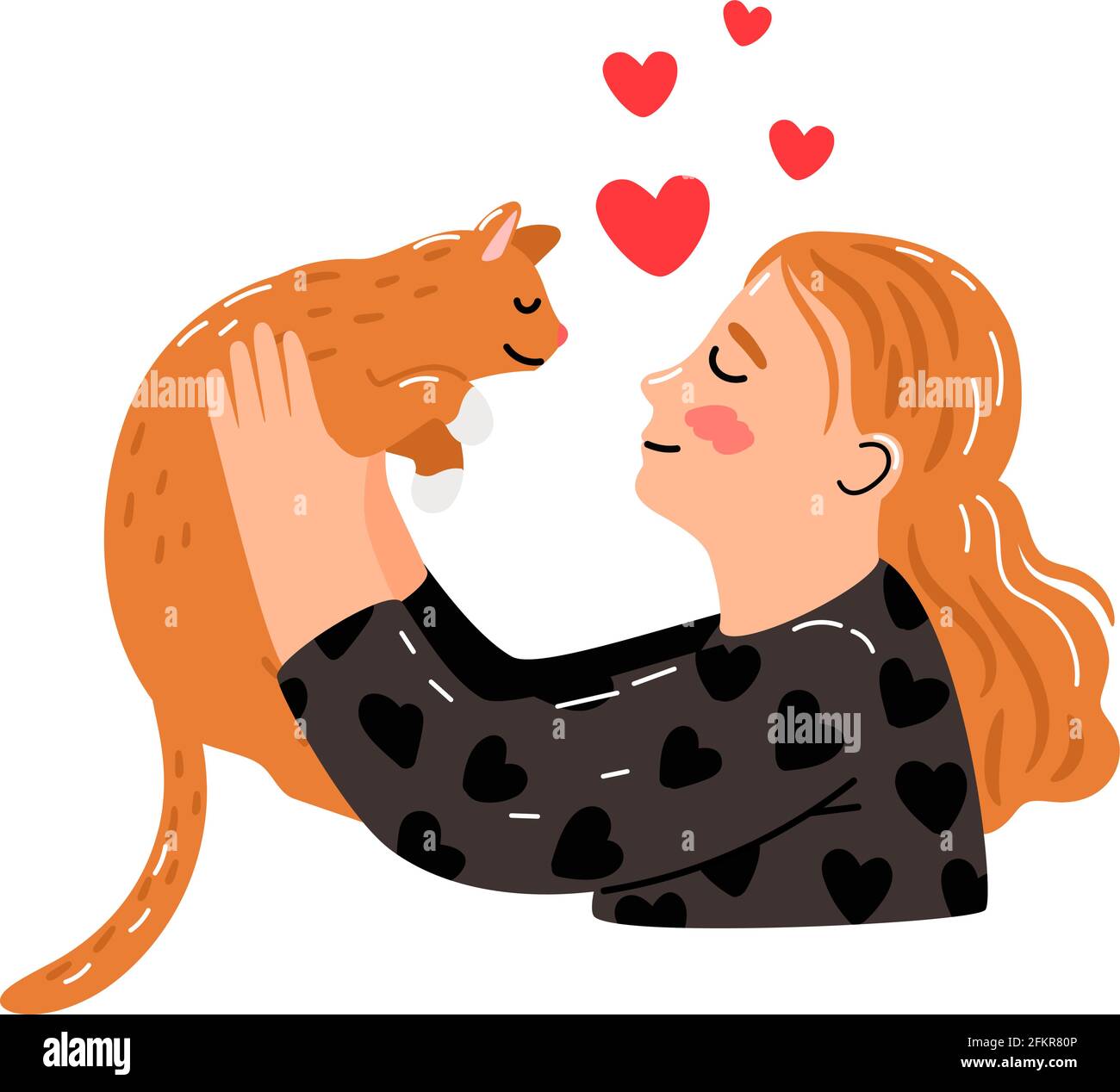 Femelle câlins chat. Dessin animé jeune femme avec sourire enserrer ...