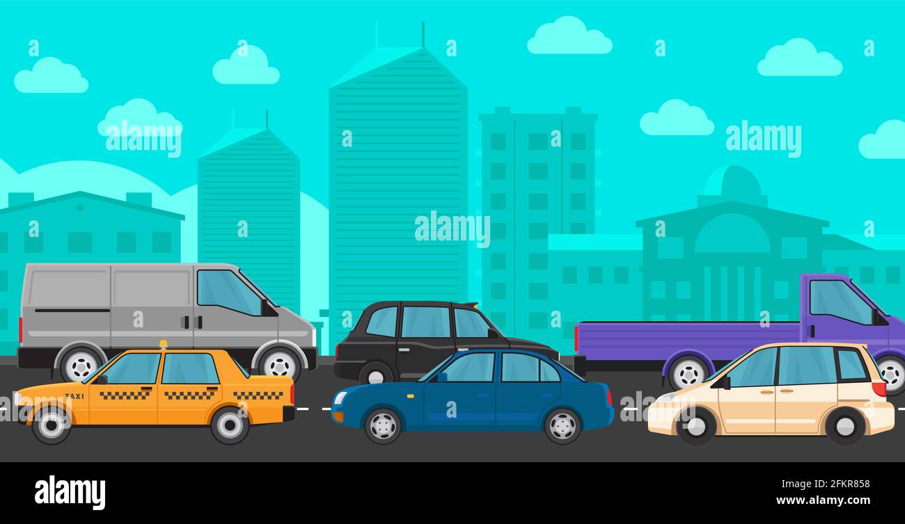 Embouteillage en centre-ville. Différentes voitures sur la route ...
