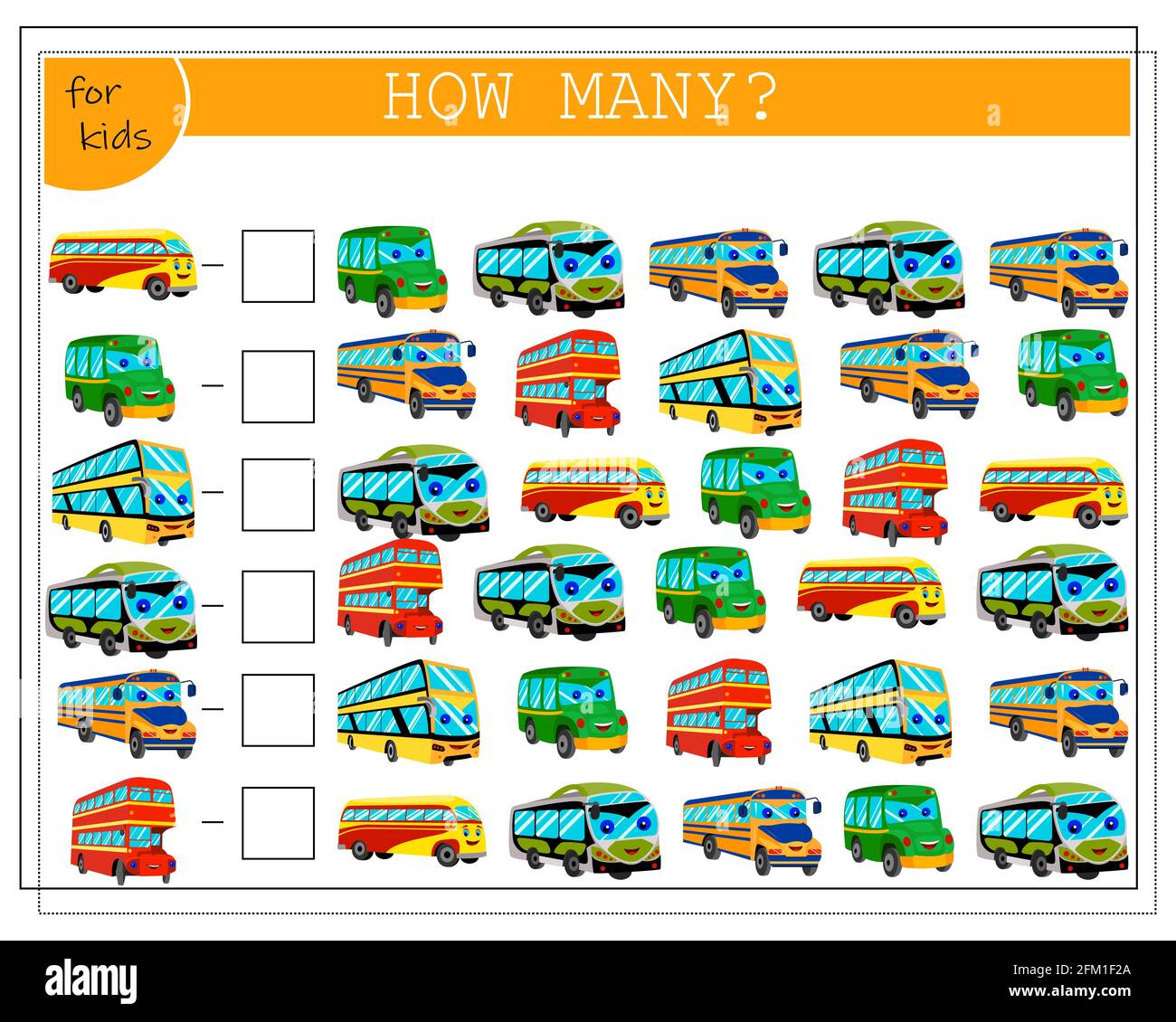 jeu de mathématiques pour les enfants compter combien de bus. vecteur ...