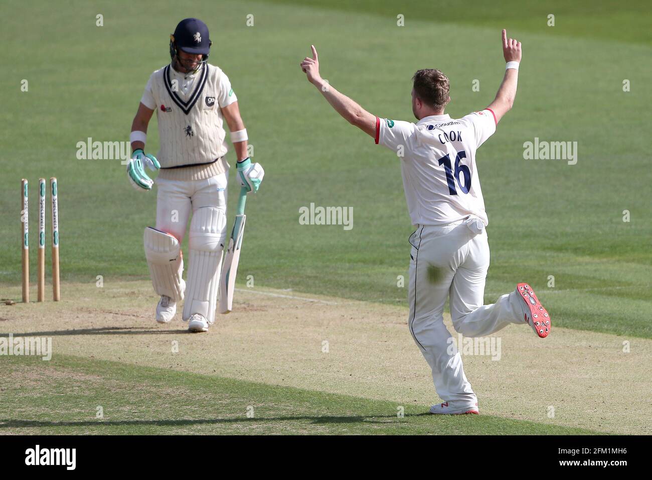 Sam Cook, d'Essex, célèbre la prise du cricket de Heino Kuhn pendant le ...
