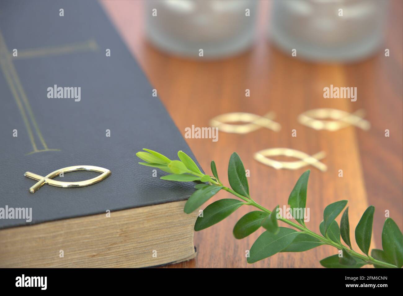 bible avec symbole de poisson et une branche de bux sur une table , se ...