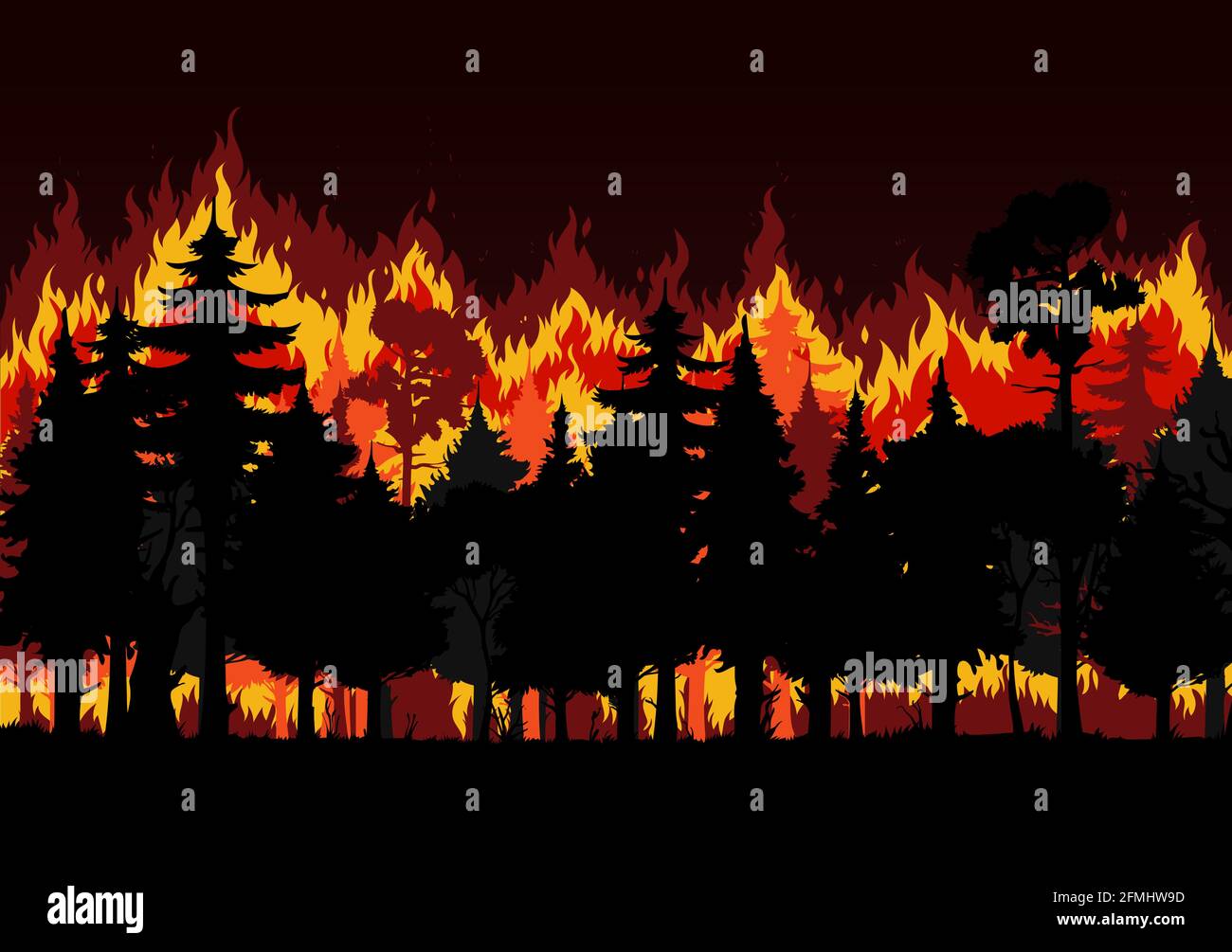 Feu de forêt avec arbres en feu et vecteur de fumée conception de l ...