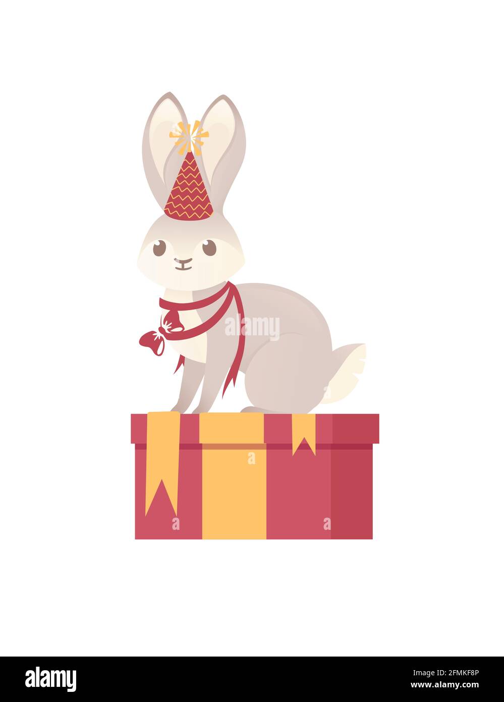 Joli lapin gris avec chapeau conique et noeud rouge assis sur boîte ...