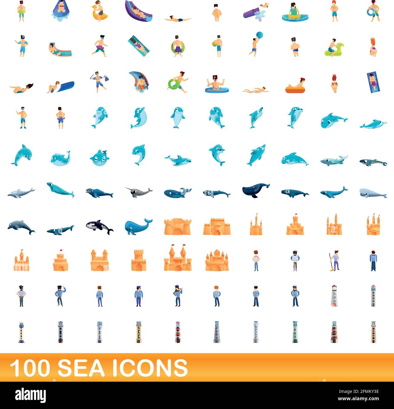100 icônes de mer définies. Illustration de dessin animé de 100 icônes ...
