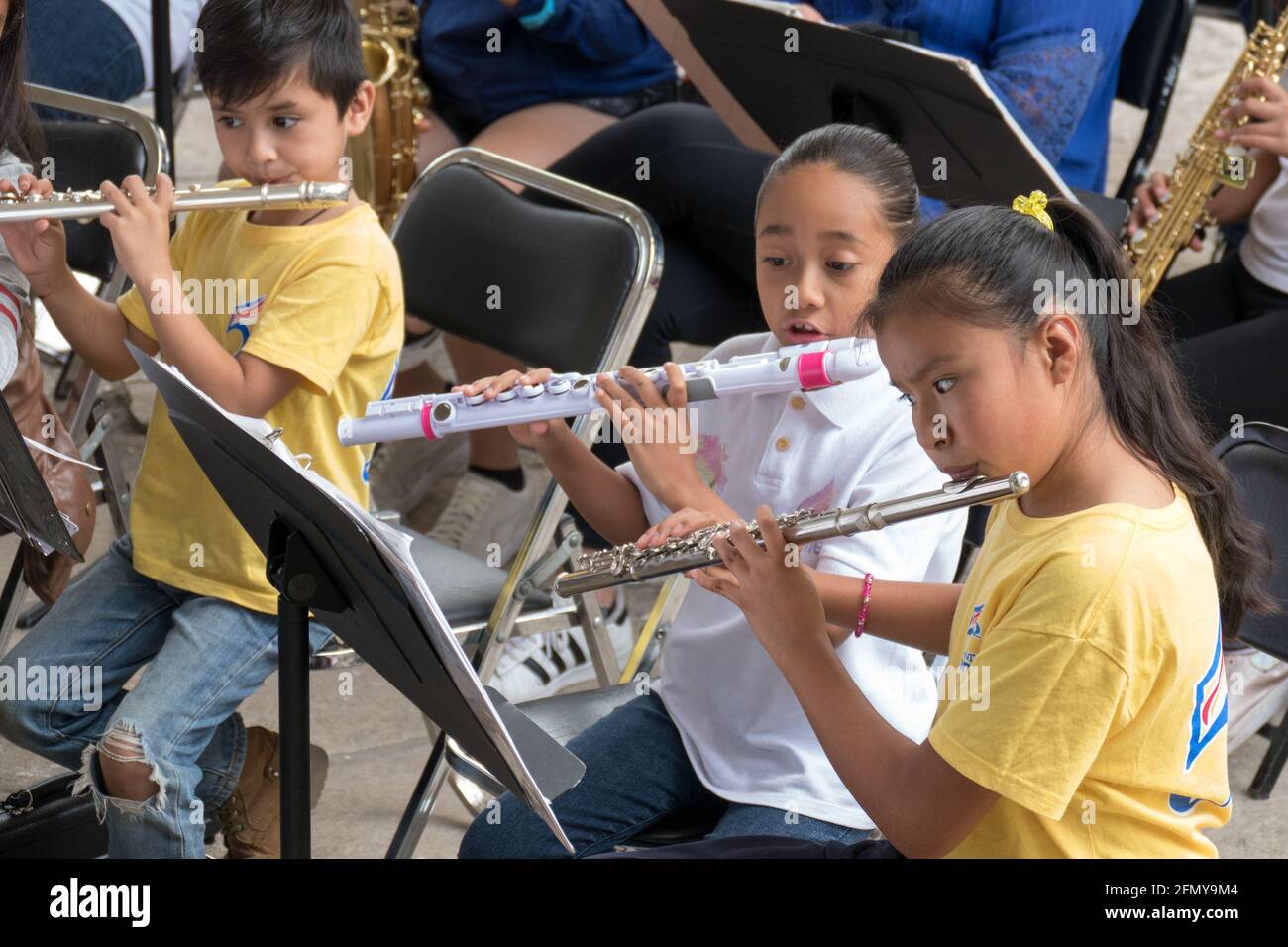 Enfants jouant de la flûte transversale dans un orchestre symphonique ...