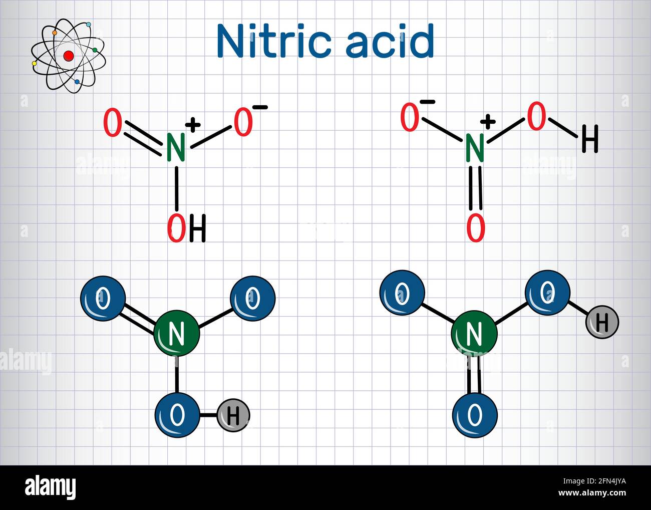 Molécule d'acide nitrique (HNO3) . C'est un acide minéral très corrosif ...