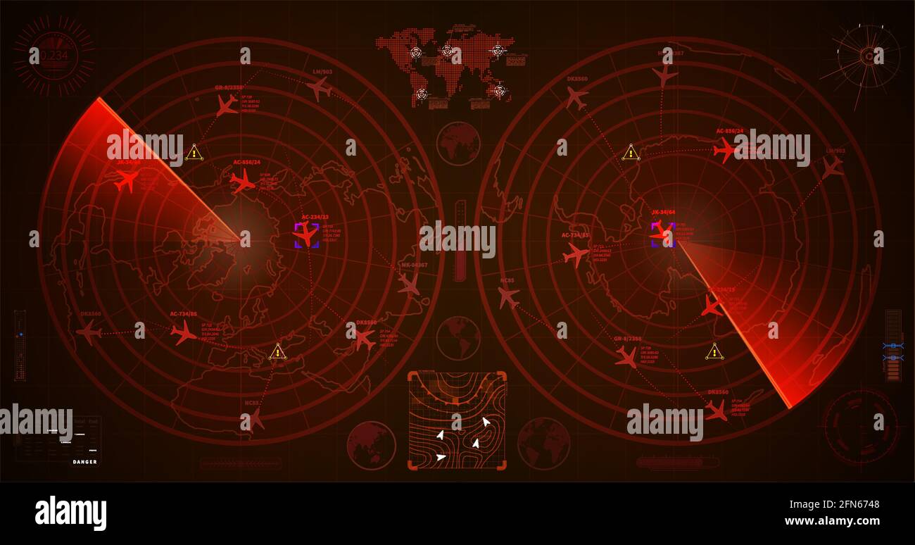 Radar militaire détaillé avec deux écrans rouges avec avions traces et ...
