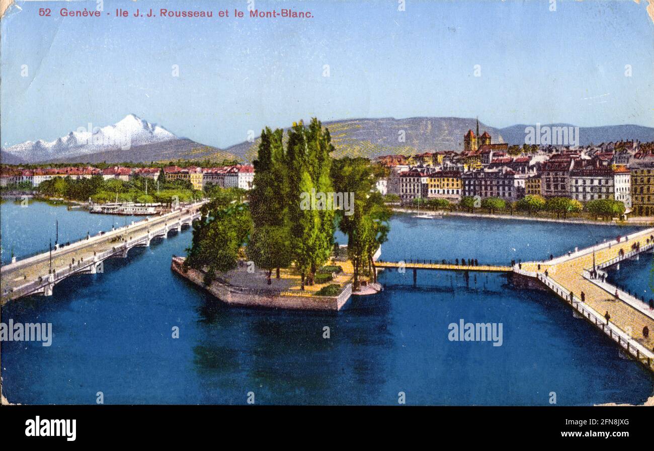 Genève - Î le Rousseau et le Mont-blanc, 1935. [Genève - Ile J.J ...