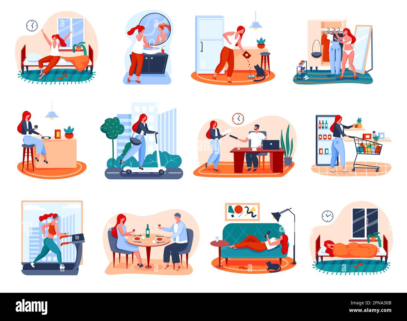 Femme routine quotidienne. Se réveiller, travailler, aller à la salle ...