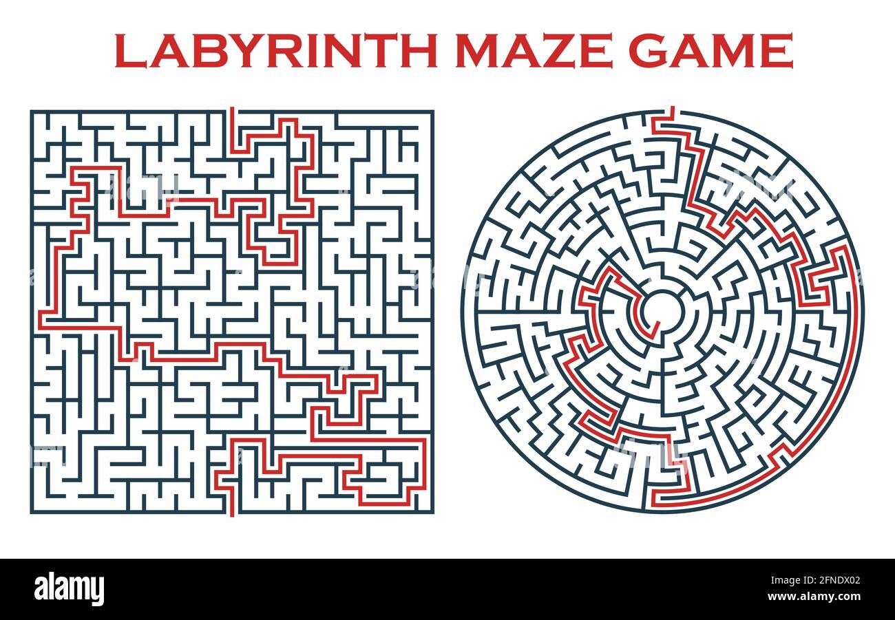 Labyrinthe de labyrinthe, labyrinthe rond et carré avec indice. Modèles ...