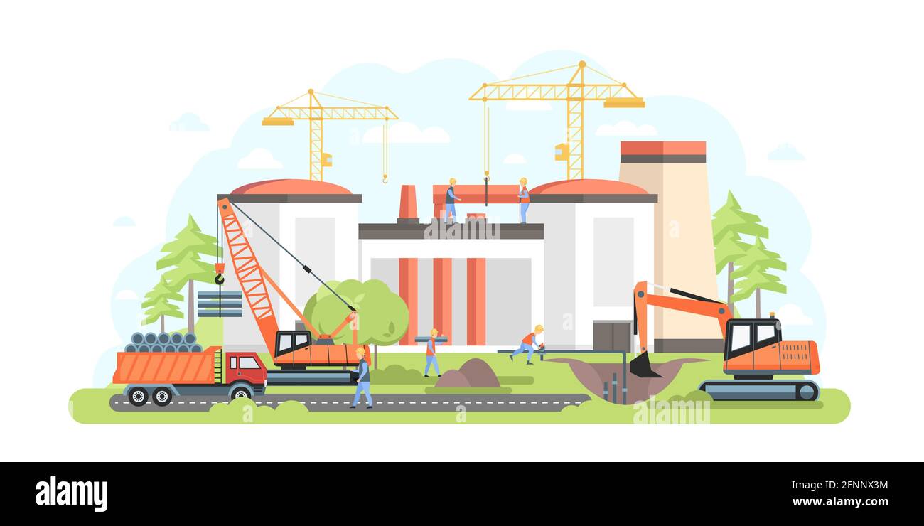 Complexe industriel en construction - illustration de style plat ...