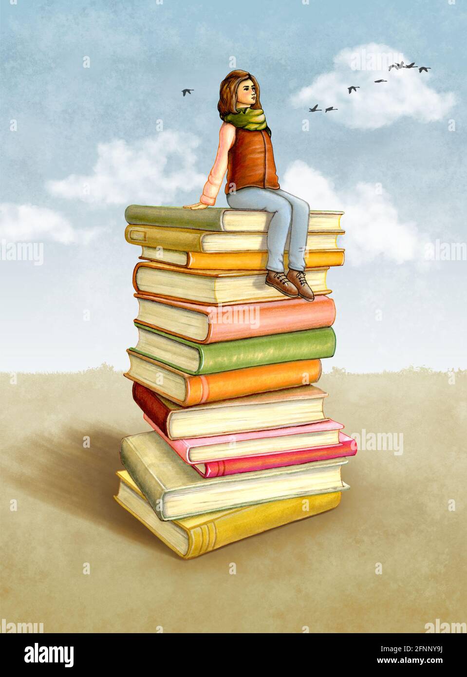 Femme Assise Sur Une Pile De Livres Banque De Photographies Et Dimages