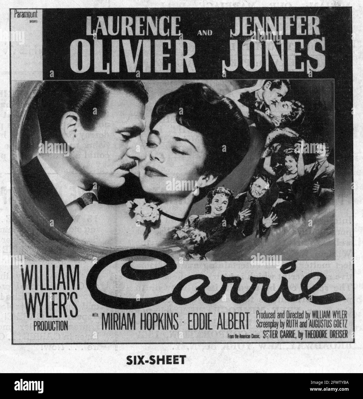 LAURENCE OLIVIER et JENNIFER JONES dans CARRIE 1952 directeur WILLIAM WYLER du roman Sister ...