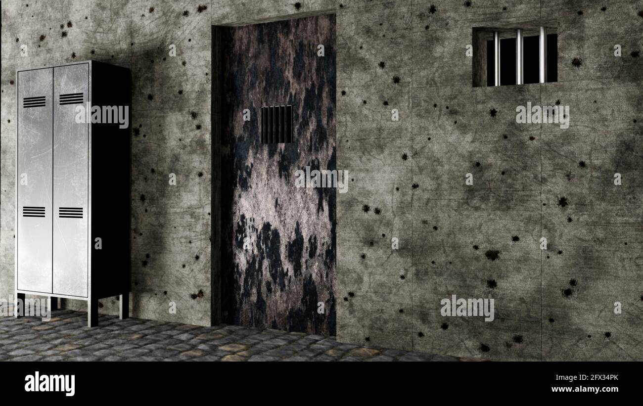 Porte de la prison, entrée de la cellule. Armoire et porte. Bunker et ...