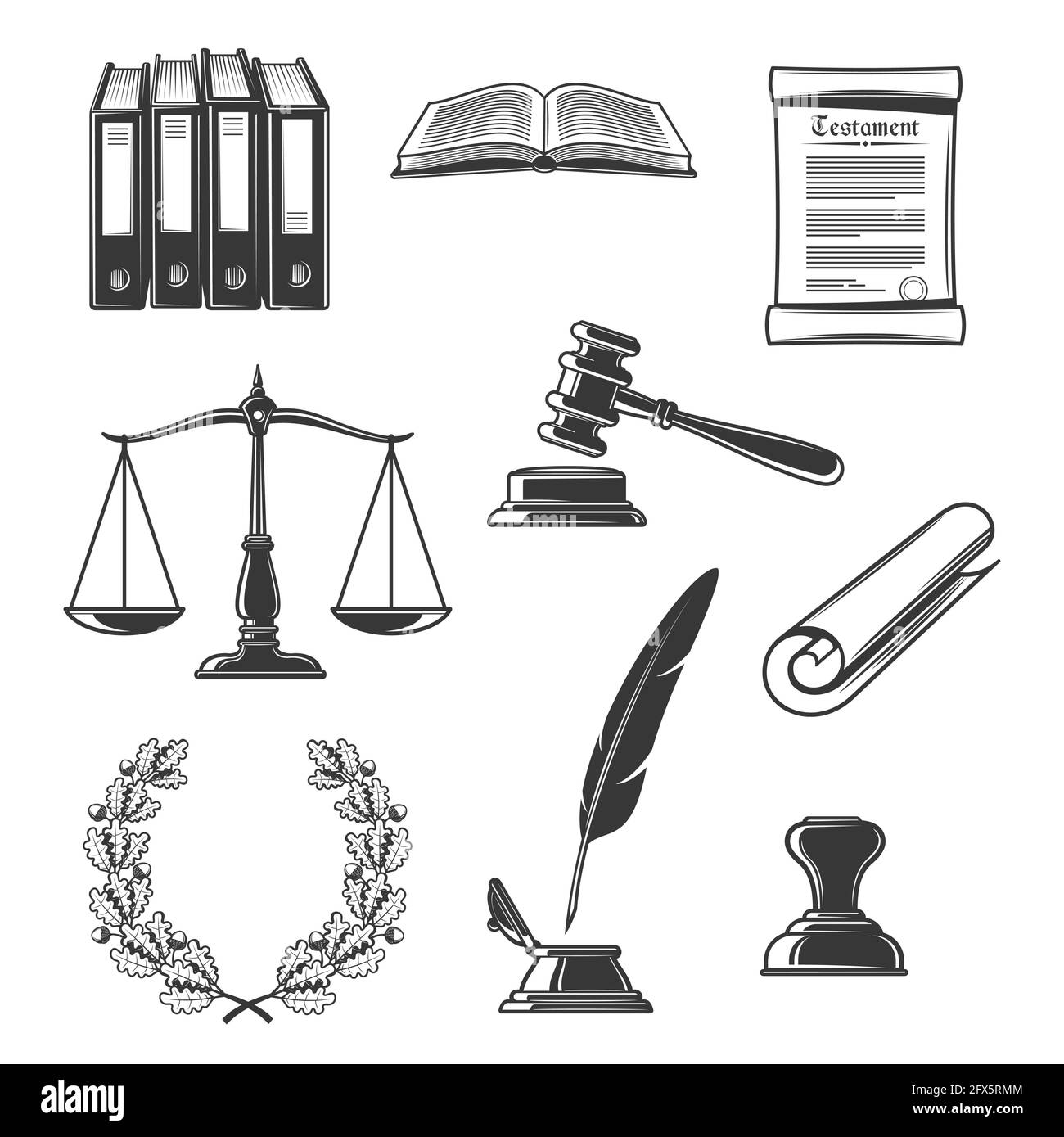 Notaire, justice et cour, pouvoir de juge et icônes d'autorité. Vector ...