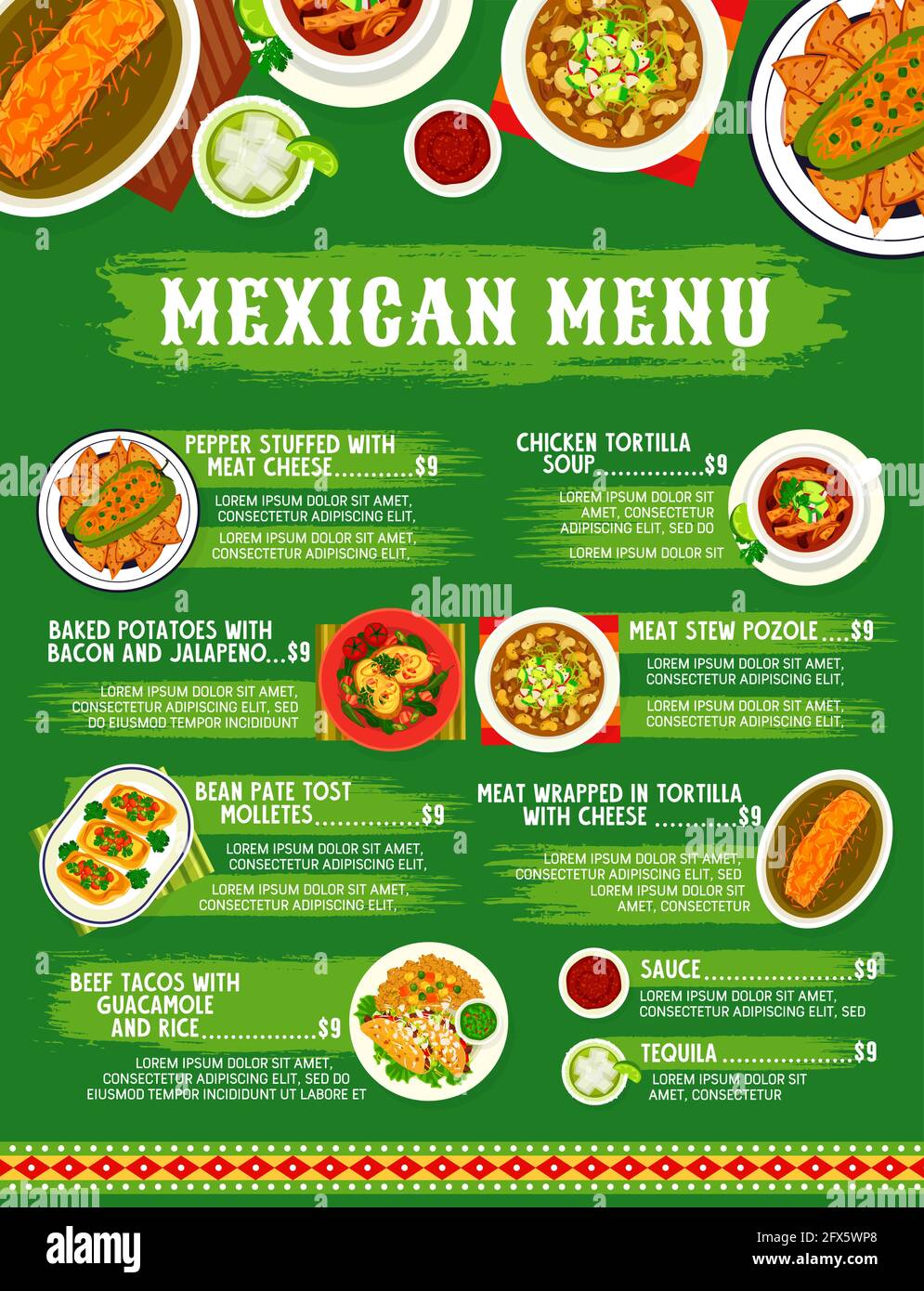 Menu de cuisine mexicaine, plats et repas du Mexique, déjeuner et dîner ...