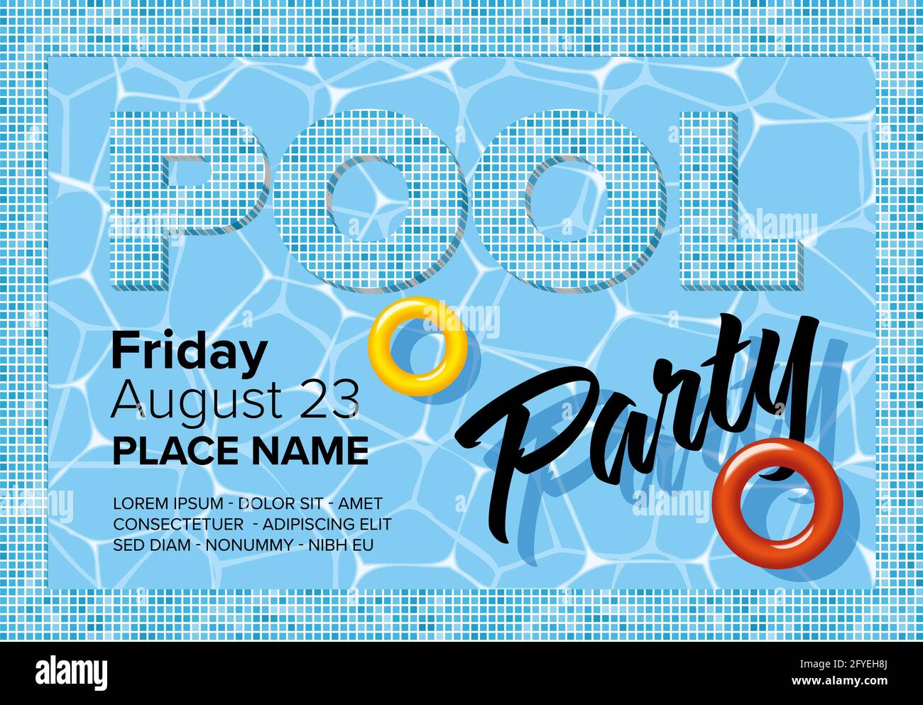 Modèle d'affiche Vector Summer pool Party invitation avec fond bleu ...