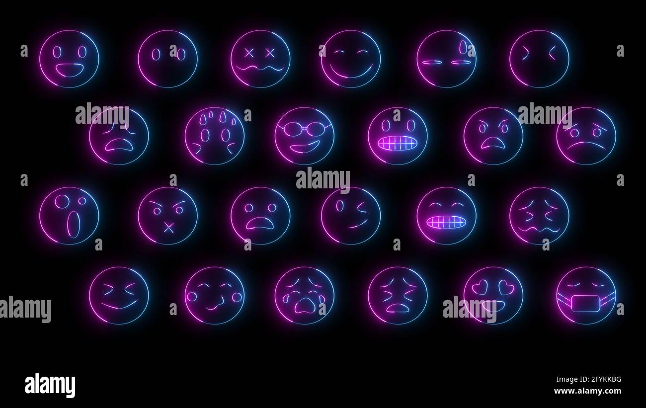 Rendu 3D d'un ensemble de 24 emoji avec effets de lueur. Néons signes ...