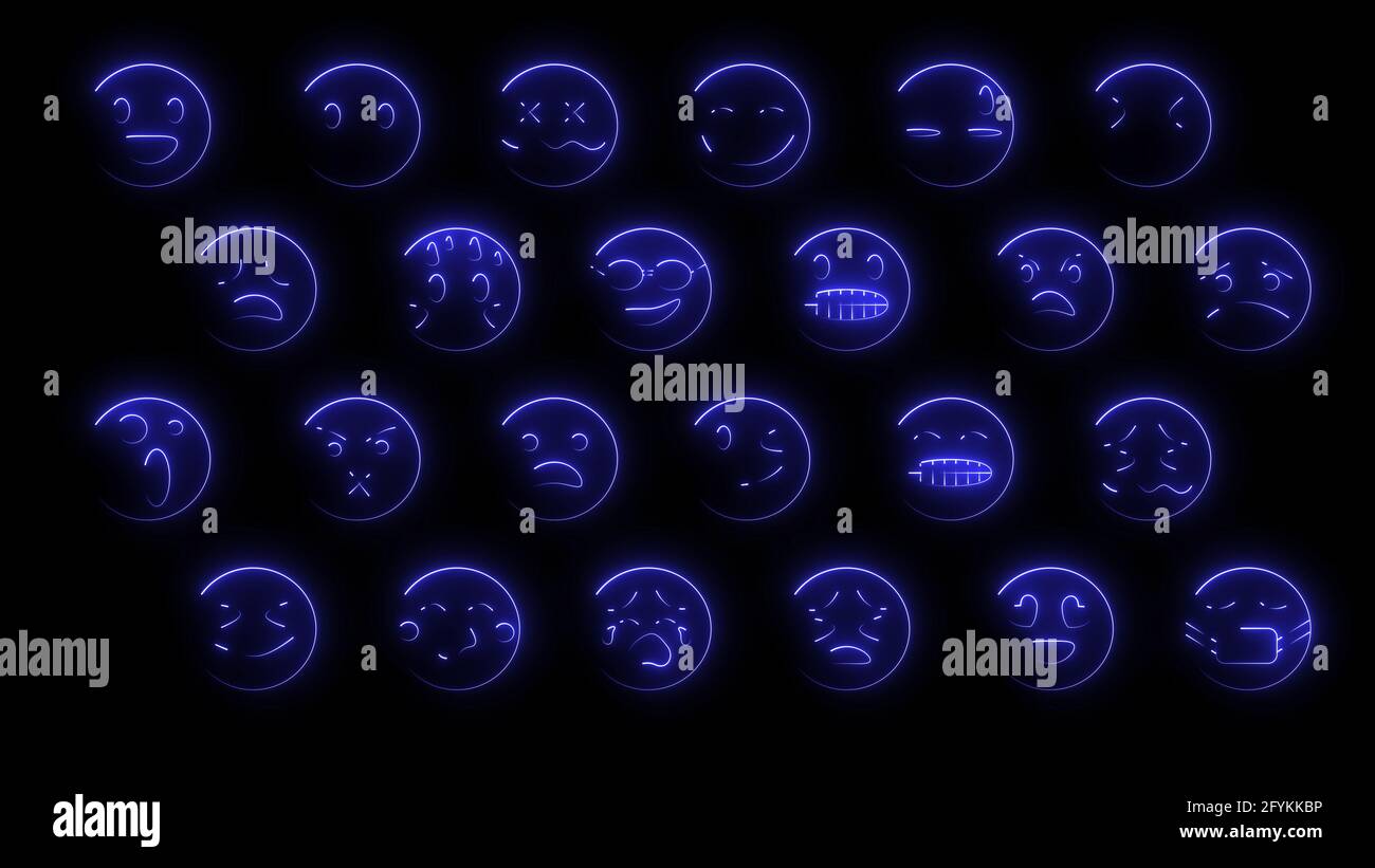 Rendu 3D d'un ensemble de 24 emoji avec effets de lueur. Néons signes ...