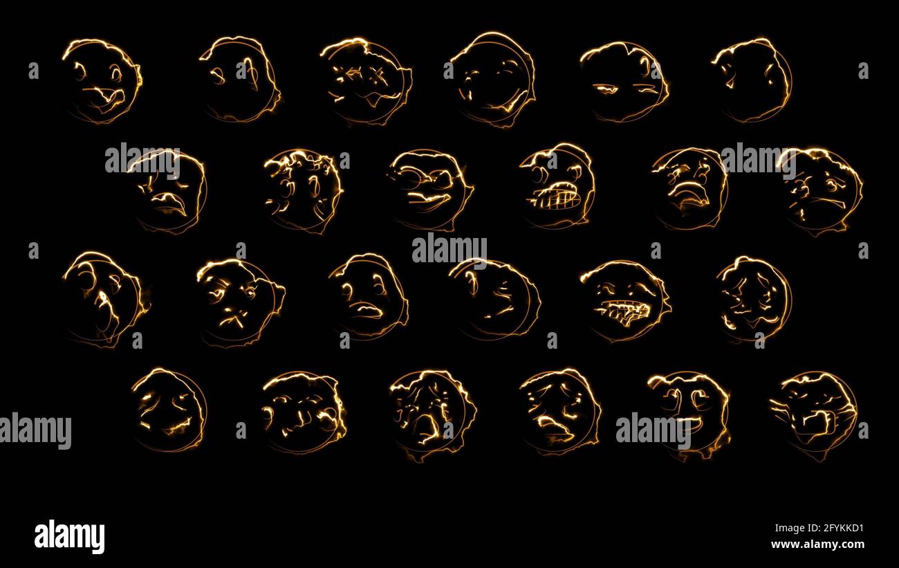 Rendu 3D d'un ensemble de 24 emoji avec effets de lueur. Néons signes ...