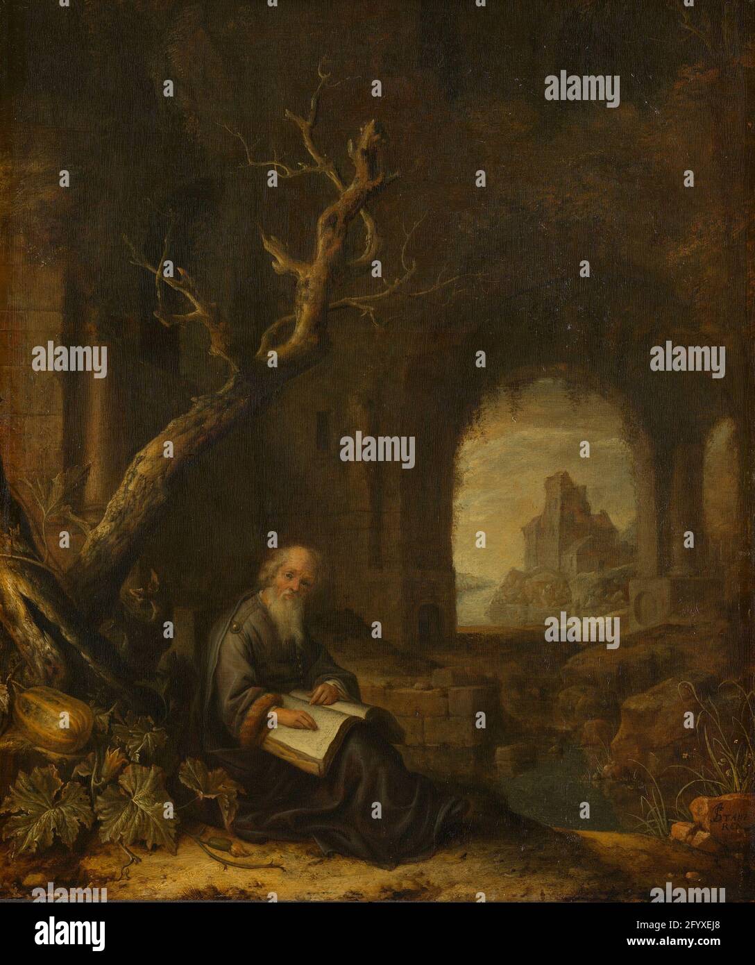 Un Hermite en ruine. Un ermite en ruine. Un vieil homme est assis avec ...