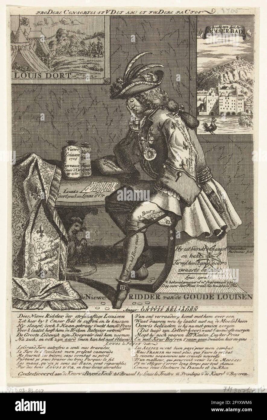 Caricature à Louis Willem van Baden-Baden, 1705; Louis Dort / Chevalier ...