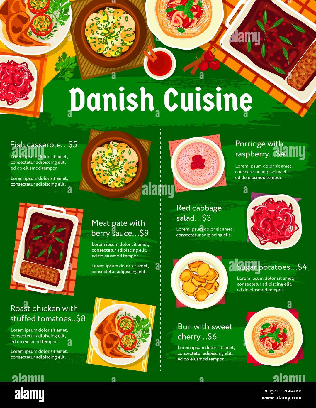 Cuisine danoise menu, plats et repas affiche pour le déjeuner, le dîner ...