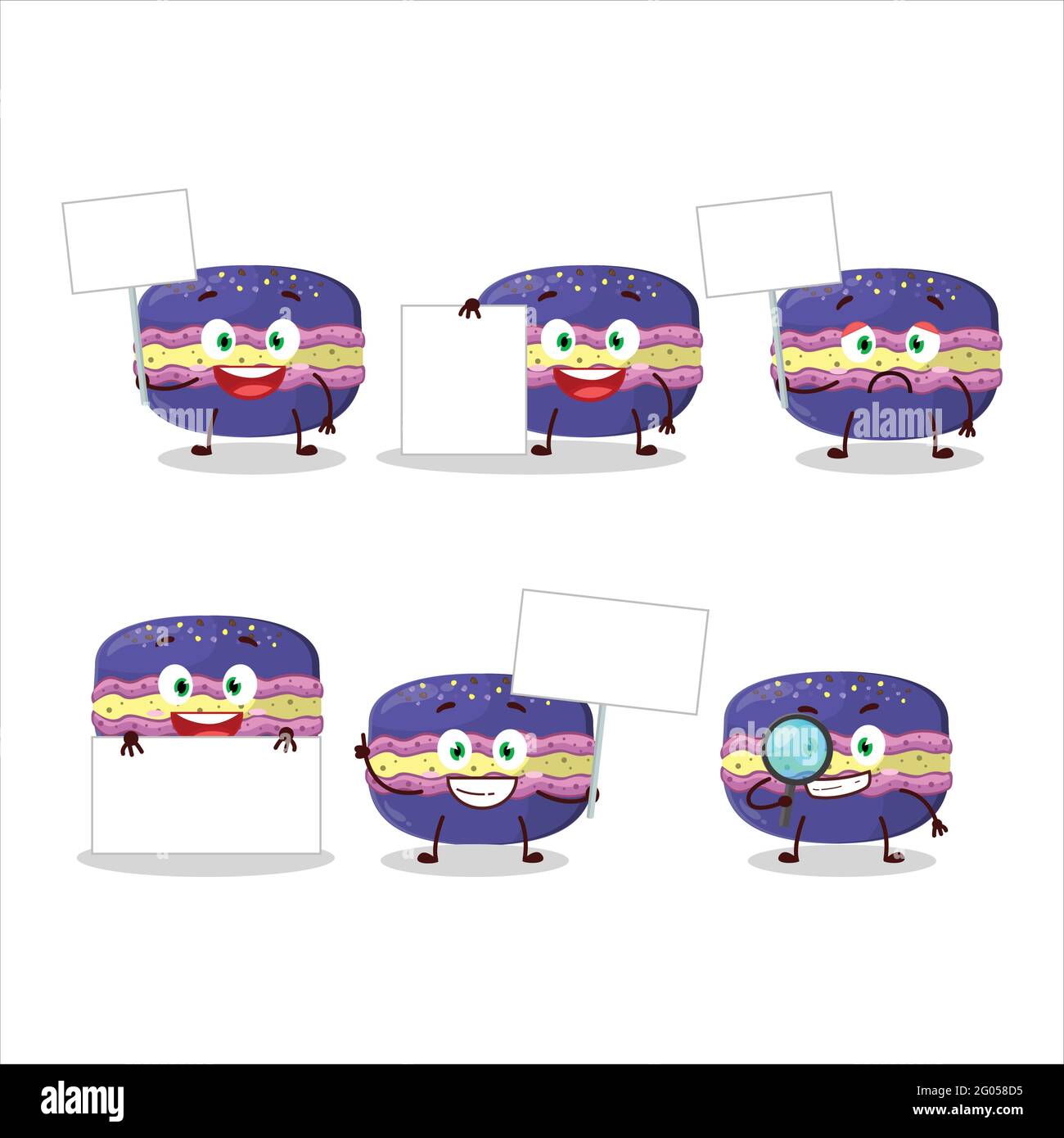 Le personnage de dessin animé de macaron de raisin apporte un tableau d ...