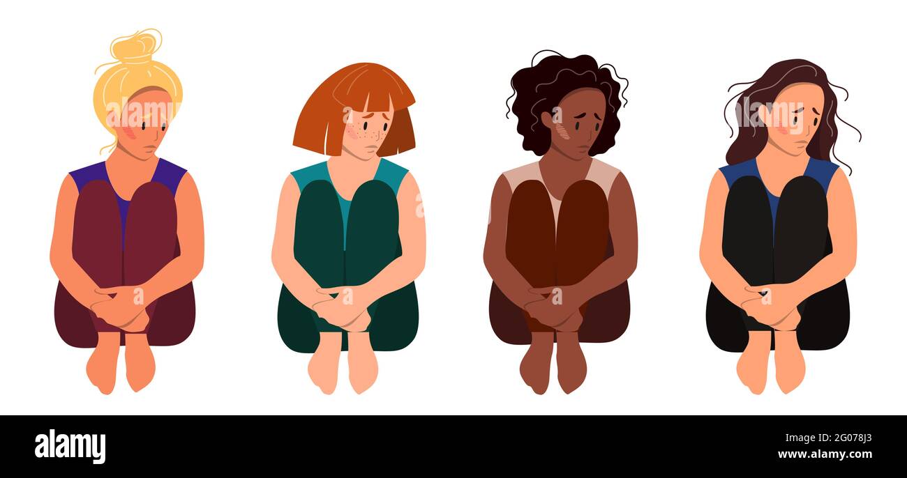 Triste femme assise sur le sol. Concept de troubles mentaux. Illustration vectorielle colorée de ...