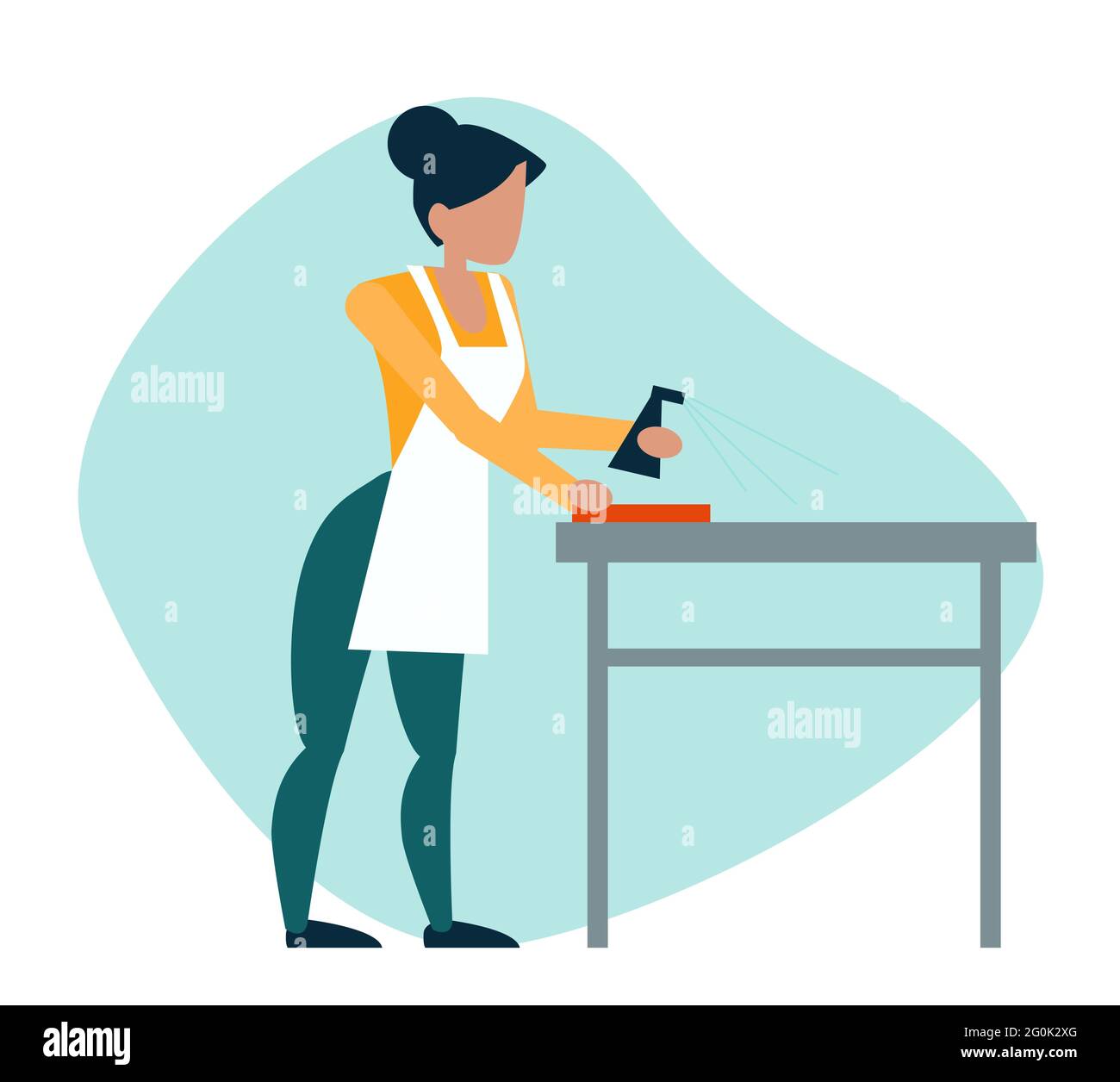 Vecteur d'une femme de ménage nettoyant une table par pulvérisation de ...