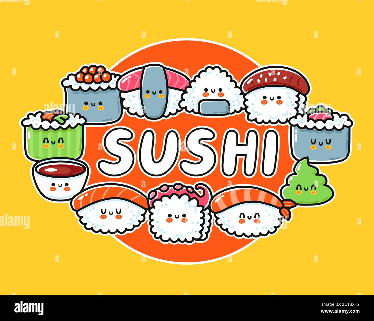 Logo de dessin animé sushi. Ensemble de sushi mignon et drôle. Icône d ...