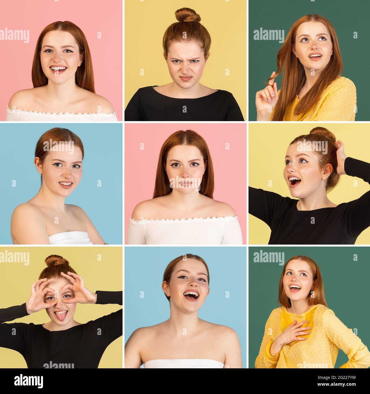 Le collage de différentes expressions du visage humain, émotions et ...