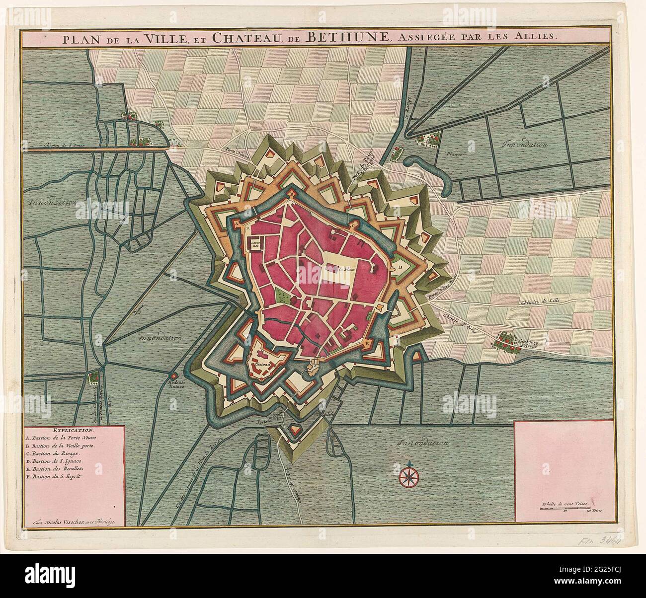 Carte de Béthune, 1710; Plan de la ville, et château, la Bethune, siège ...