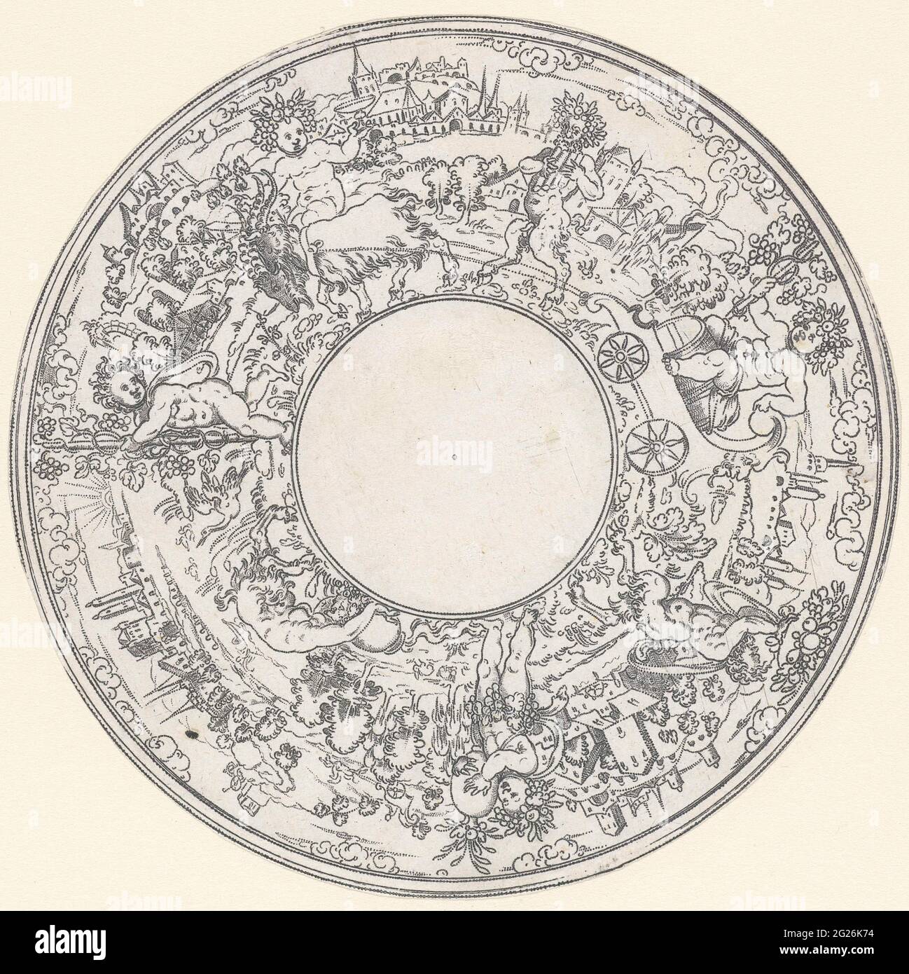 Bacchus roulant dans un chariot de boxe; plats: Paysages avec parades ...