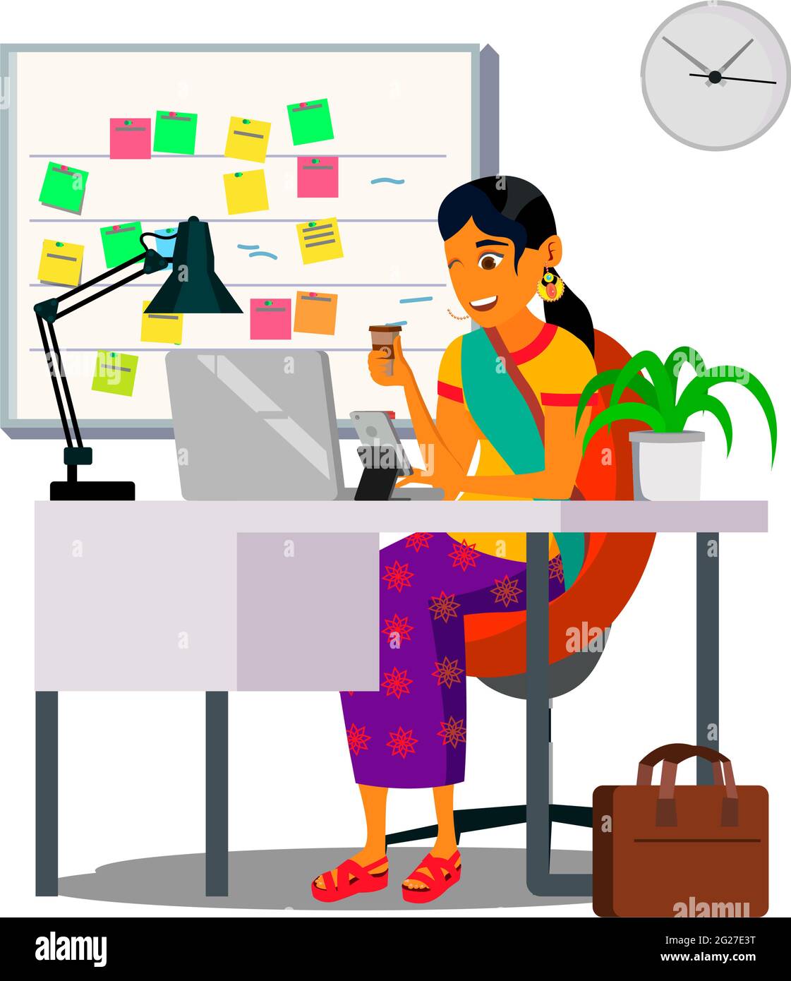 une fille indienne directrice travaillant au bureau et boit un vecteur ...