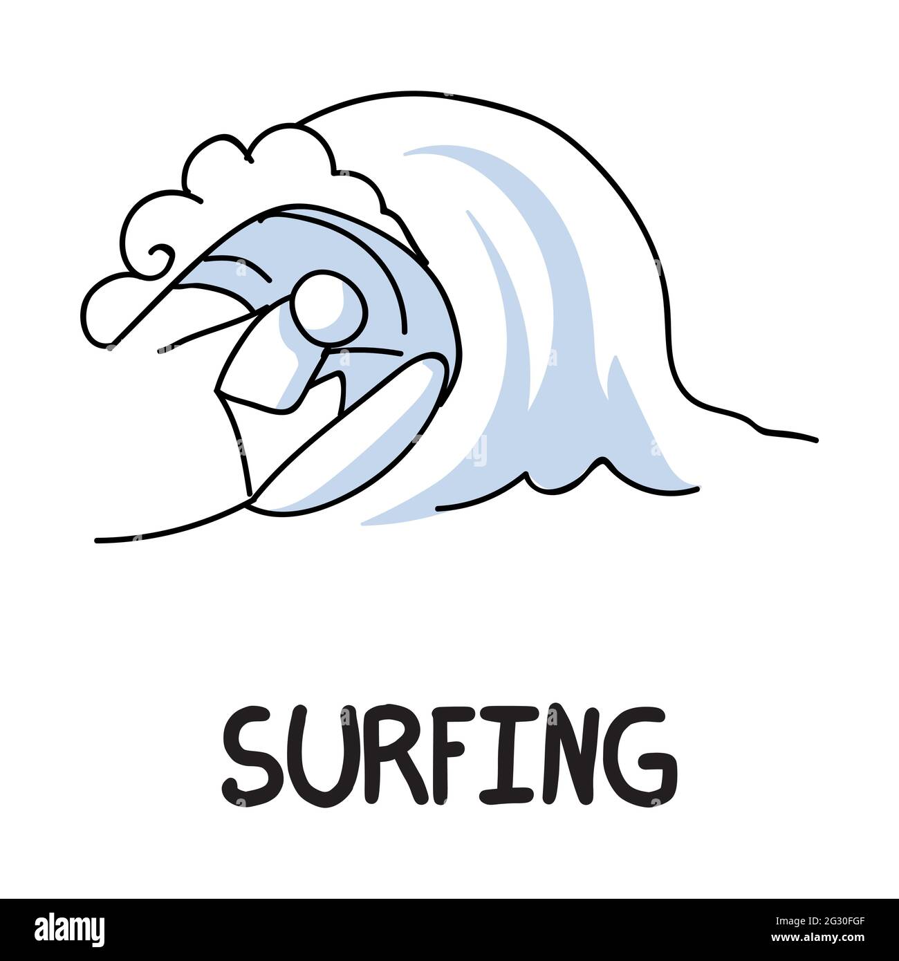 Icône représentant des figurines de surf. Pictogramme océan avec texte ...