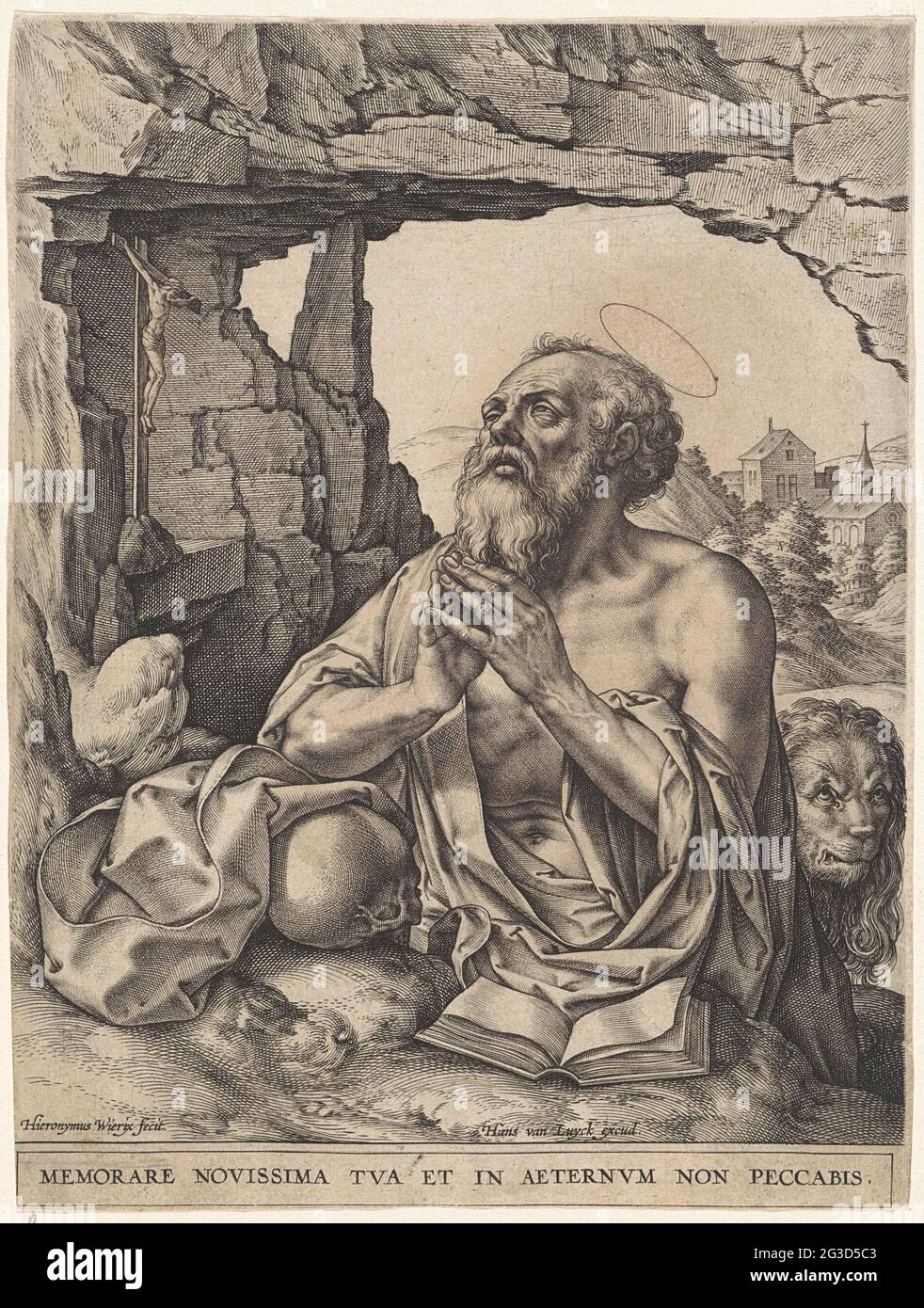 Le pénitent hieronymus. Saint Hieronymus s'agenouille pour un crucifix ...