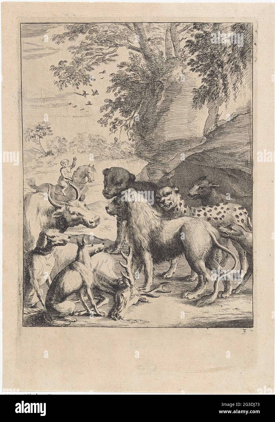 Lion fable et autres animaux; Fables d'Aesopus. Un lion est entouré d ...