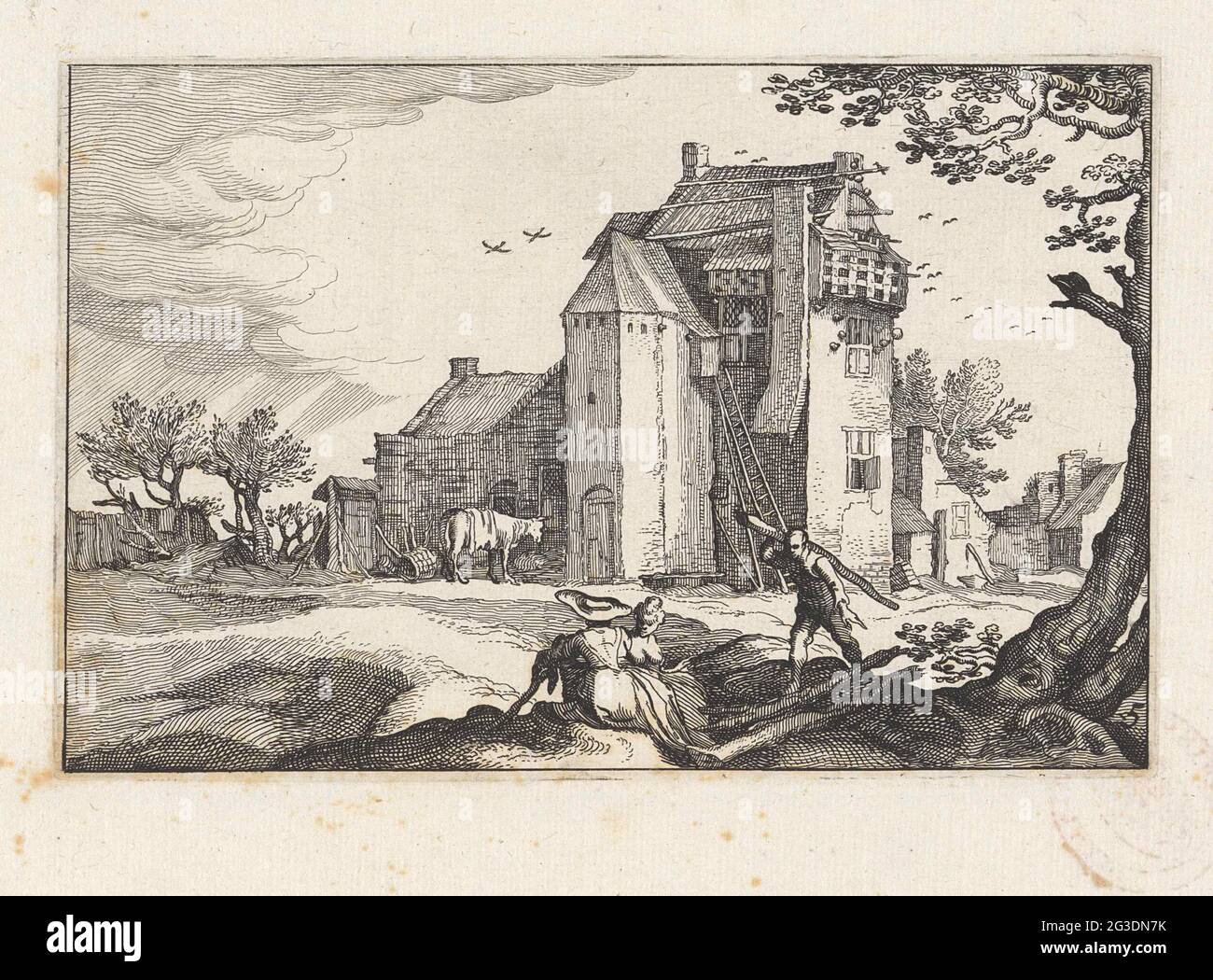 Ferme avec nourriture de pigeon; paysages avec fermes. Vue sur un ...