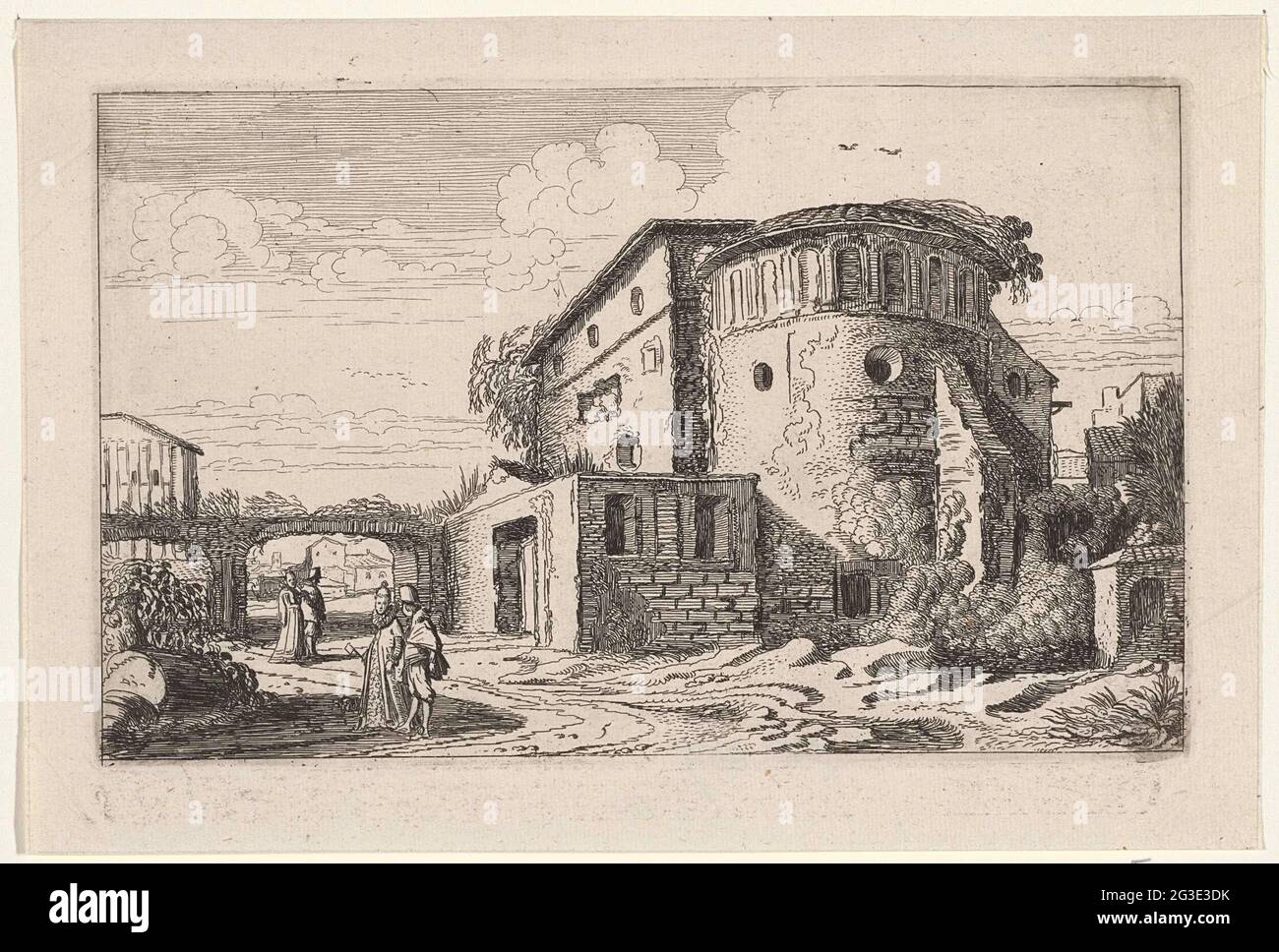 Deux couples pédestres entre ruines; ruines dans des paysages; régions ...