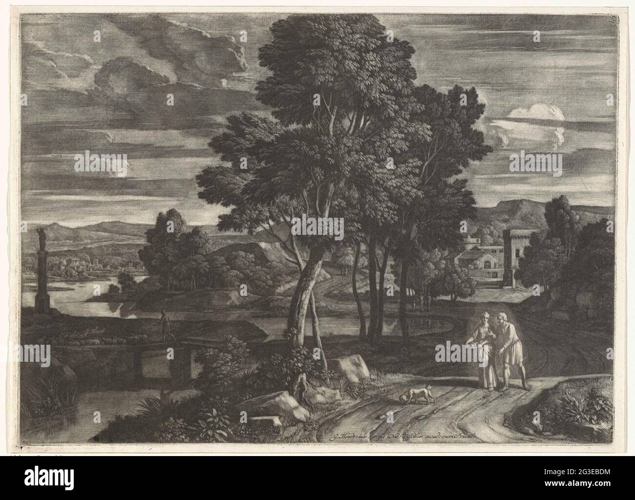 Paysage avec couple de marche. Paysage arcadien avec un couple de ...