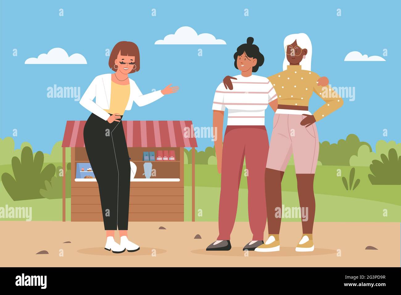Bonne fille de réunion d'amis, salutation dans le parc illustration ...