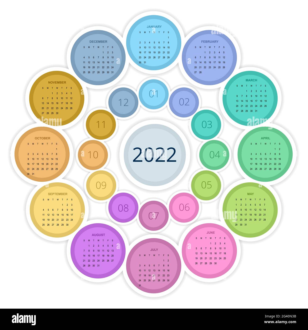 Calendrier circulaire pour 2022. Modèle de calendrier pour 2022. Modèle ...