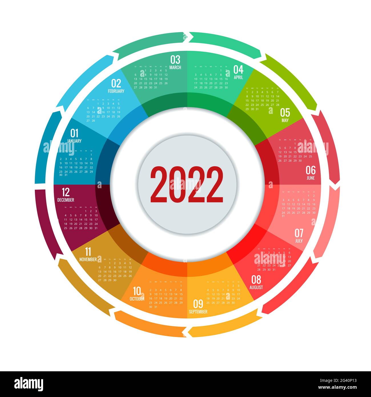 Calendrier circulaire pour 2022. Modèle de calendrier pour 2022. Modèle ...