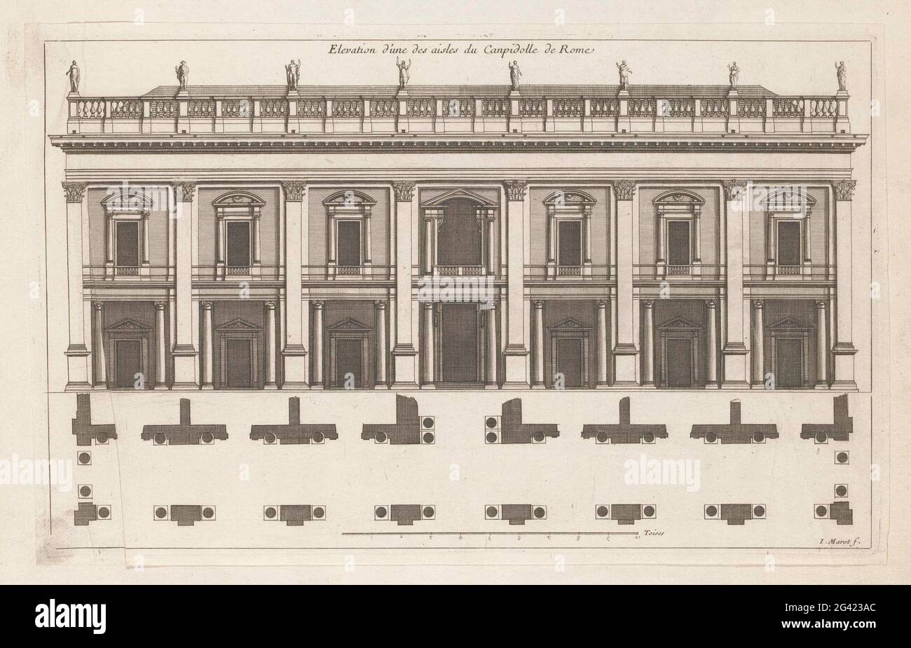 Façade d'un palais à la Piazza del Campidoglio à Rome; Plan d'une des ...