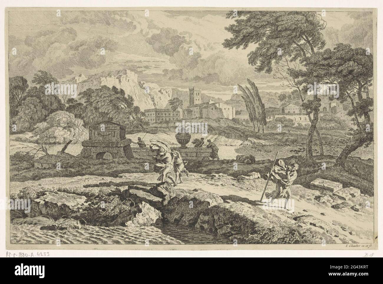 Paysage arcadien avec randonneurs dans une tempête; paysages arcadiens ...